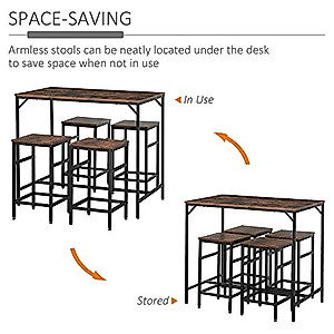 HOMCOM 5-Piece Industrial Dining Table Set, Bar Table & 4 Stools Set, Space Saving for Pub & Kitchen, Black/Brown