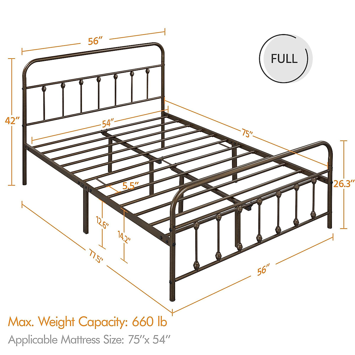 Topeakmart Full Size Victorian Style Metal Bed Frame with Headboard/Mattress Foundation/No Box Spring Needed/Under Bed Storage/Strong Slat Support Bronze