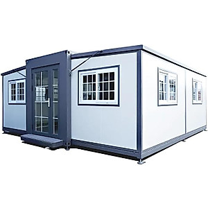 Generic Portable Prefabricated Tiny Home 19x20ft, Mobile Expandable Plastic Prefab House for Hotel, Booth, Office, Guard House, Shop, Villa, Warehouse, Workshop, grey blue