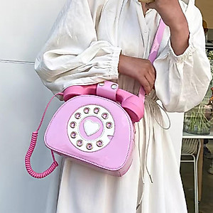 Fozehlad Novelty Telephone Shaped Shoulder Bag Funny Retro Phone Crossbody Bag Totes Chain Purse(Patent Leather,Pink)