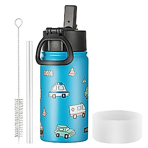 SEMOZOZO Water Bottle with Straw, Kids Water Bottle with Wide Rotating Handle Straw Lid, Wide Mouth Vacuum Insulated Stainless Steel Water Bottle for school ，The blue car