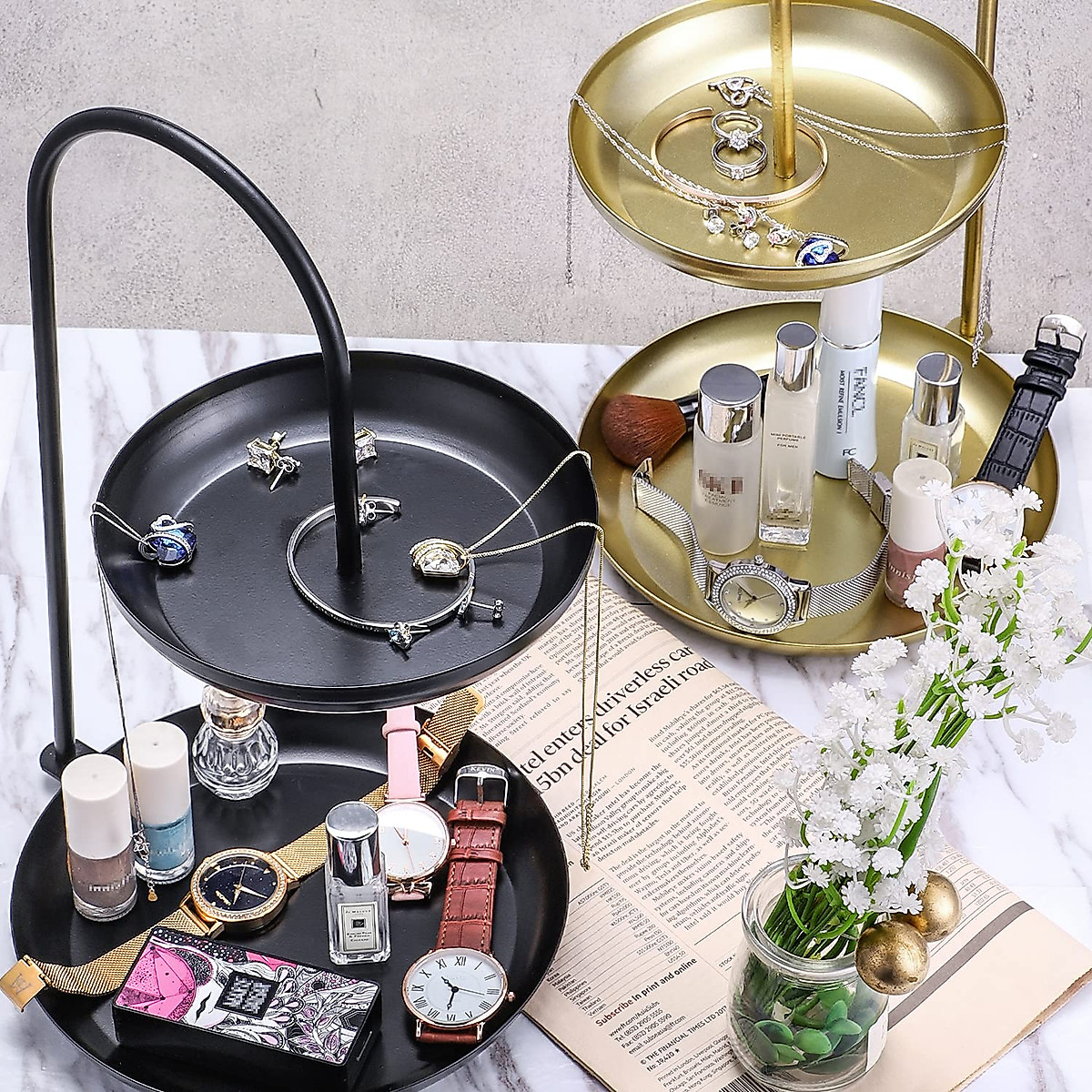 ManChDa 2-Tier Jewelry Tray Glod Multi Layer Necklace Holder Attractive Gold Jewelry Storage Display Stand Double Jewelry Organizer Table Storage Tray for Key, Bracelet & Ring