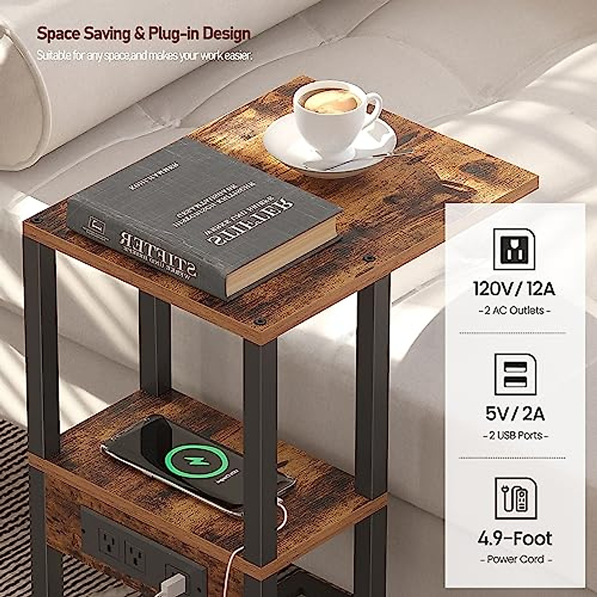TUTOTAK C Shaped End Table with Charging Station, Side Table with 2 USB Ports and Outlets, Snack Table for Couch and Bed, Small Sofa Table for Small Spaces, Living Room, Bedroom TB01BB043