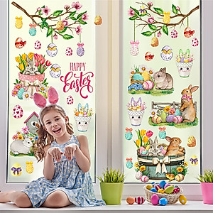 Happy Easter Wall Stickers Bunny Rabbit Wall Decals Peel and Stick Wall Art Decal Easter Egg Wall Decal Spring Flower Tree Branch Window Clings for Kids Room Nursery Living Room Kitchen Decor Gifts
