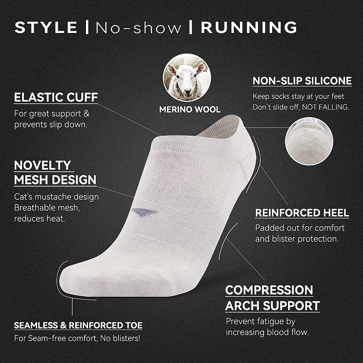 Socks Daze 6 Pack No Show Wool Socks for Women Size 8-12 Men's Non Slip Invisible Summer Thin Soft Mernio Wool Sport Socks for Light Running Hiking Walking, Medium, White