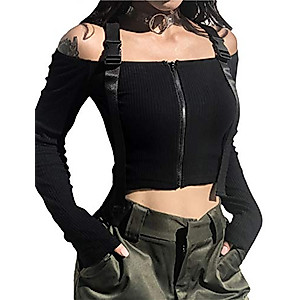 xxxiticat Women's Chic Fashion Off Shoulder Long Sleeve Cold Shoulder Knitted Zipper Up Tshirts Crop Tops Camis(T-BL,M) T-Black