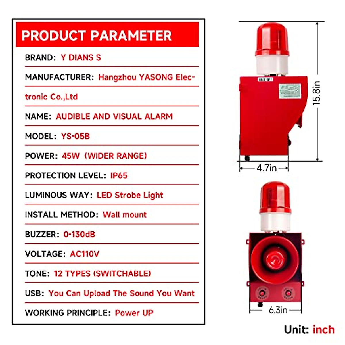 YASONG SLA-05B Model Industrial Alarm Siren, 0-130dB 12 Horn Tones Switchable, AC110V-120V 45W High Power for Noisy Environment Emergency Alarm Range of 100-150 Meters - Fire Tornado Alarm