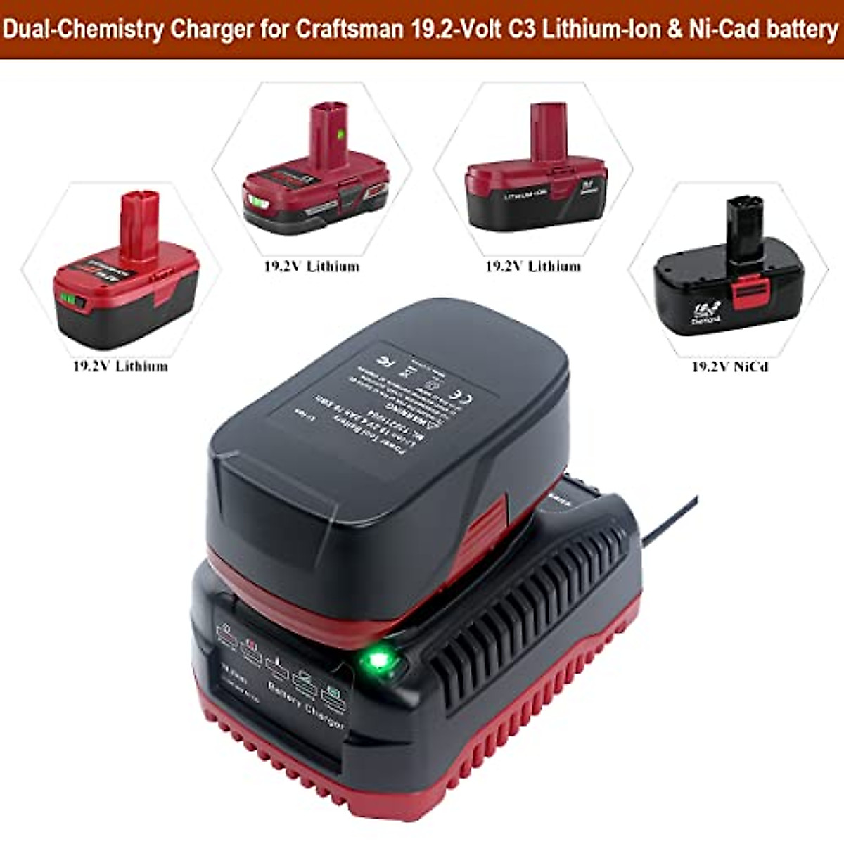 19.2V Fast Charger 140152004 Replacement for Craftsman C3 19.2 Volt Compact Lithium Ion/Ni-Cad Diehard Battery 1425301 1323903 130279005 11375 11376 315.PP2011