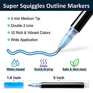KERIFI Super Squiggles Double Outline Markers 12 Colors Supersquiggles Double Line Self Outline Metallic Markers, Shimmer Glitter Pens Set for Christmas Card, Easter Eggs, Scrapbook, DIY Art Crafts