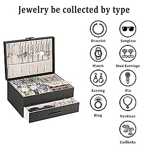BareTulip Jewelry Organizer Mens Jewelry Box with 2 layers storage Watch Sunglass necklace Ring Bracelet Large Jewelry Box for Women Grey