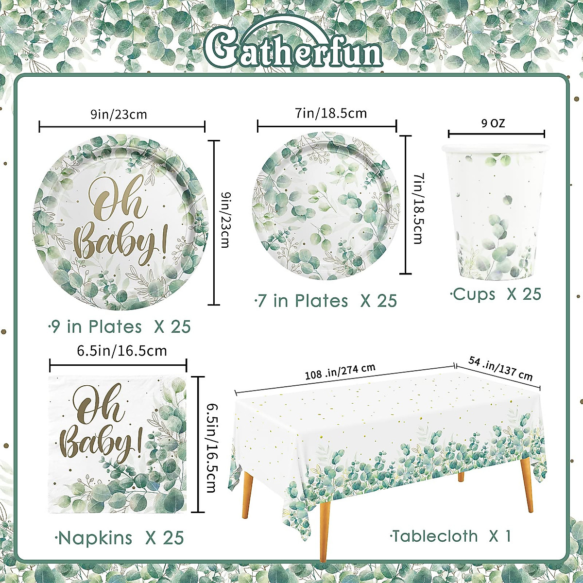 Sage Greenery Baby Shower Party Supplies Disposable Paper Plates Napkins Cups and Tablecloth for Boho Greency Party Decorations, Serve 25.