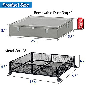 punemi Under Bed Storage with Wheels & Removable Bags, 2 Pcs Underbed Storage Containers Rolling Drawers with Handle, Metal Under Bed Shoe Organizers for Clothes Toys, Tool-free Assembly -Black