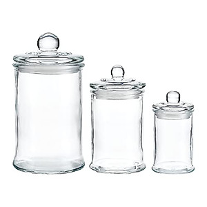 KMwares 3PCs Set Small Mini Clear Glass Premium Quality Apothecary Jars with lids Bathroom Accessories Set for Bathroom Laundry Room Storage or Kitchen / Vanity Organizer Canisters for Cotton Balls / Swabs, Makeup Sponges, Bath Salts, Q-Tips (Clear)