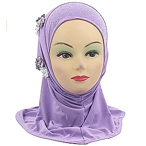Ylucky Muslim Hijab Head Scarf Ice Silk Headwear Floral Kids Amira Hijab Islamic Head Wrap for Age 2-6 Years Girls (purple (6 flowers))