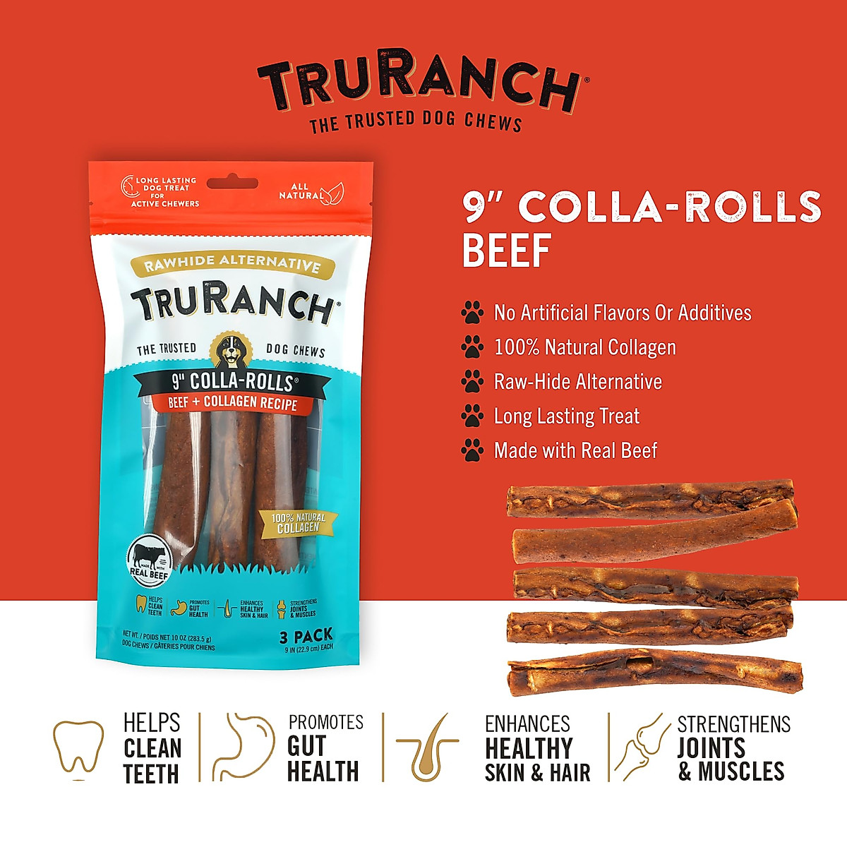 TRURANCH 9" Collagen Roll, Beef - 3 Pack