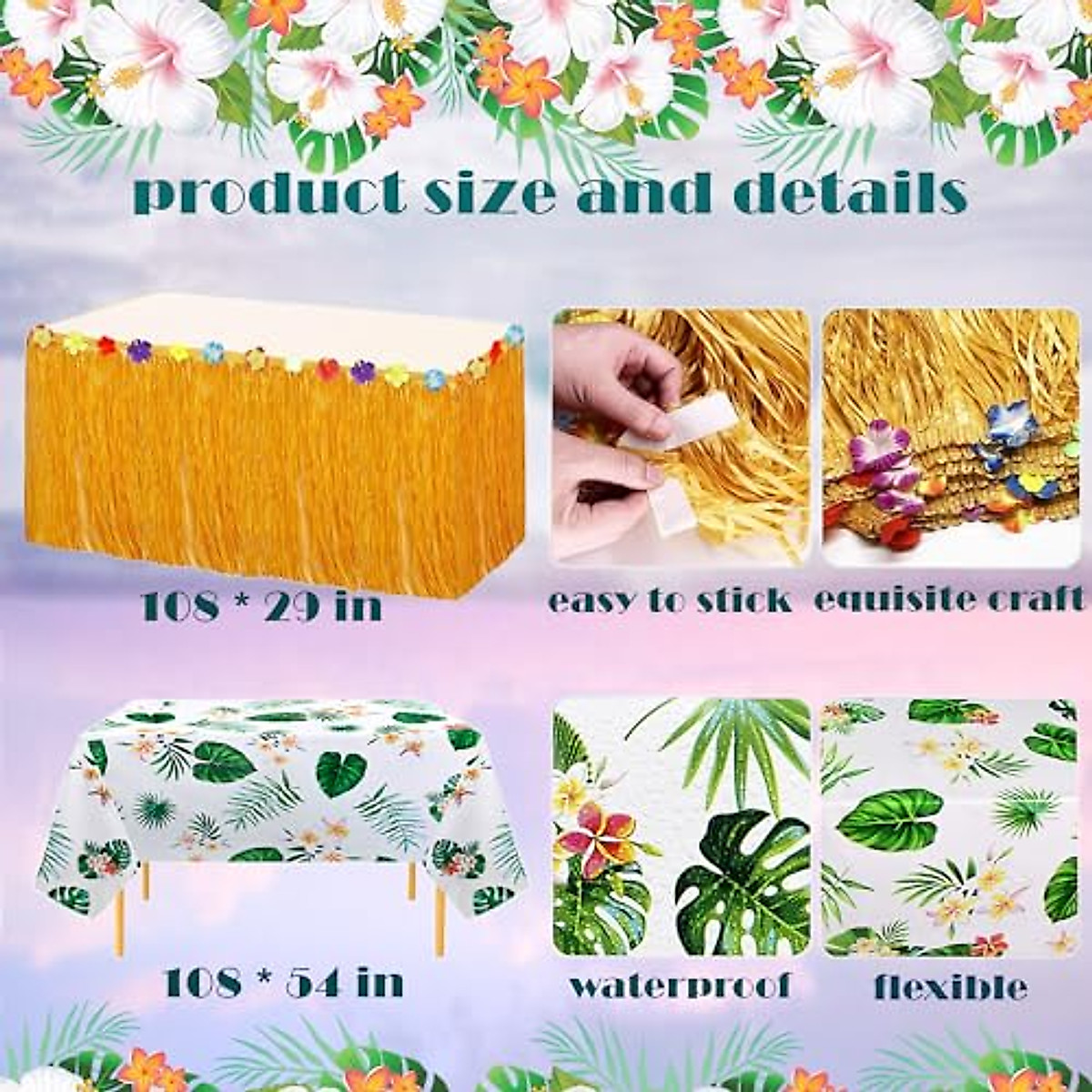ADAM’S OFFER Hawaiian Luau Birthday Party Decorations Tropical Aloha Party Supplies for Summer Beach Decor Leis Necklaces Table Skirt Tablecloth Straws Toppers Leaves Balloon Kit