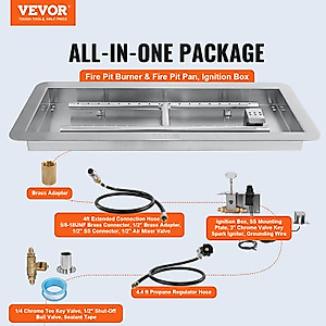 VEVOR 30 x 10 inch Drop-in Fire Pit Pan, Rectangular Stainless Steel Fire Pit Burner Kit,Propane Gas Fire Pan 125,000 BTU with H-Burner for Indoor or Outdoor Use