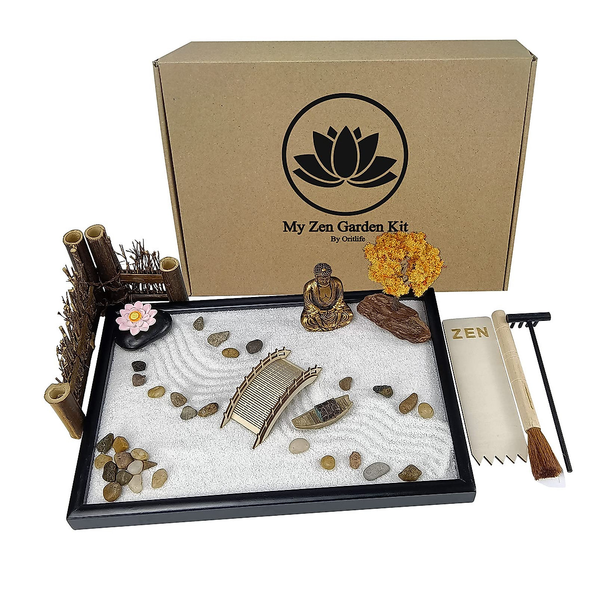 Oritlife Japanese Mini Meditation Zen Garden for Desk,Relax Desktop Zen Garden Kit with Square Sandbox, Balance Stones Mini Zen Sand Garden Kit