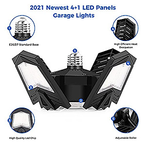 VSATEN 2 Pack LED Garage Lights 80W, Deformable Garage Lights Ceiling LED with 4+1 LED Panels, 8000LM E26/E27 Base LED Shop Light for Garage Workshop Warehouse Barn, Ultra Bright Workshop Light