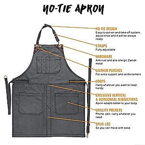 Under NY Sky No-Tie Armor Gray Apron – Durable Twill with Leather Reinforcement, Split-Leg – Adjustable for Men and Women – Pro Barber, Tattoo, Barista, Bartender, Baker, Hair Stylist, Server Apron