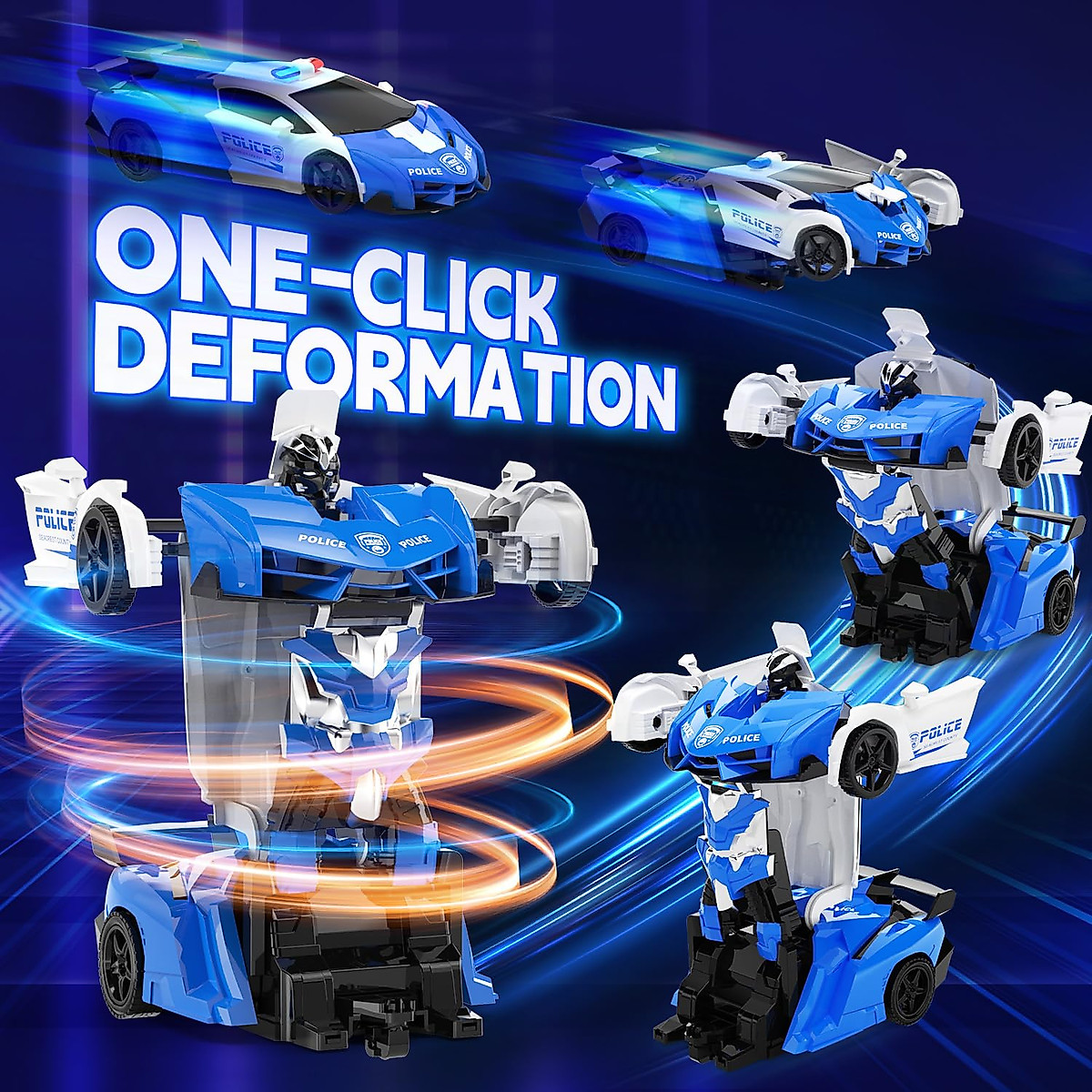 DEERC Transform Remote Control Car,2.4GHz Robot RC Cars,1:18 Scale Police Car Toy One-Button Deformation & 360° Rotating Drifting for Kids Boys Age 4-7 8-12 Birthday Xmas Gift