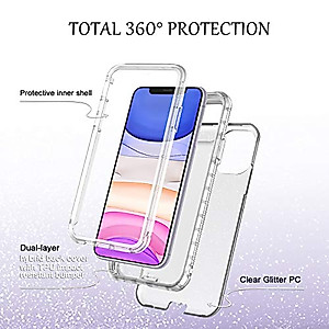 LONTECT for iPhone 11 Case Built-in Screen Protector Glitter Clear Sparkly Bling Rugged Shockproof Hybrid Full Body Protective Case Cover for Apple iPhone 11 6.1 2019, Clear/Silver Glitter