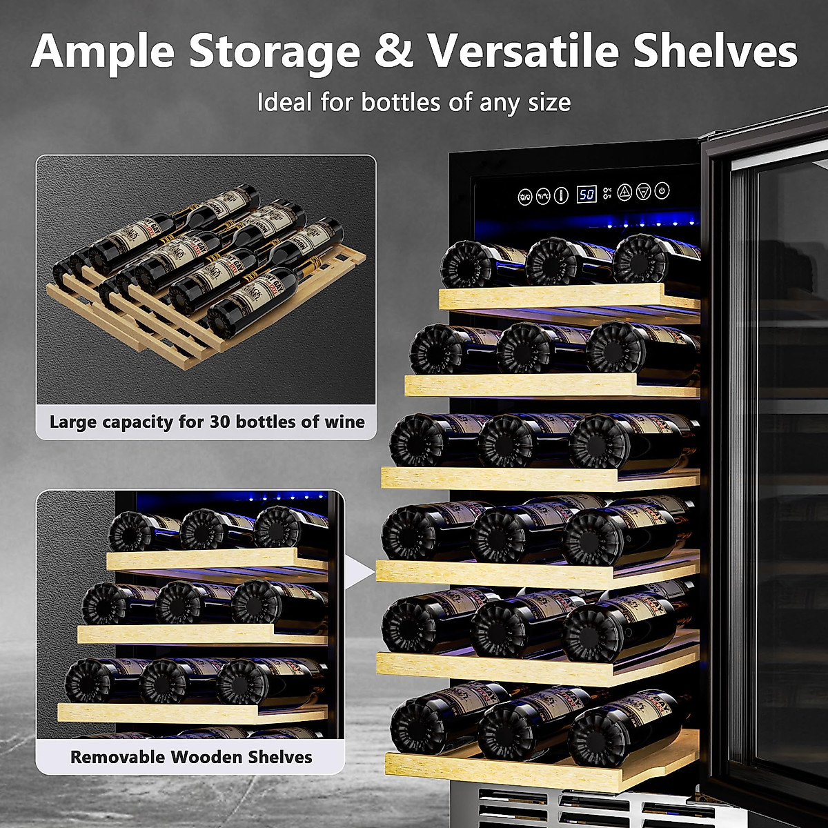 15 Inch Wine Cooler Refrigerator, 30 Bottle Wine Fridge with Removable Shelves, Wine Fridge Under Counter for Built-In or Freestanding, Wine Refrigerator with Double-Layer Glass Door, for Home, Office