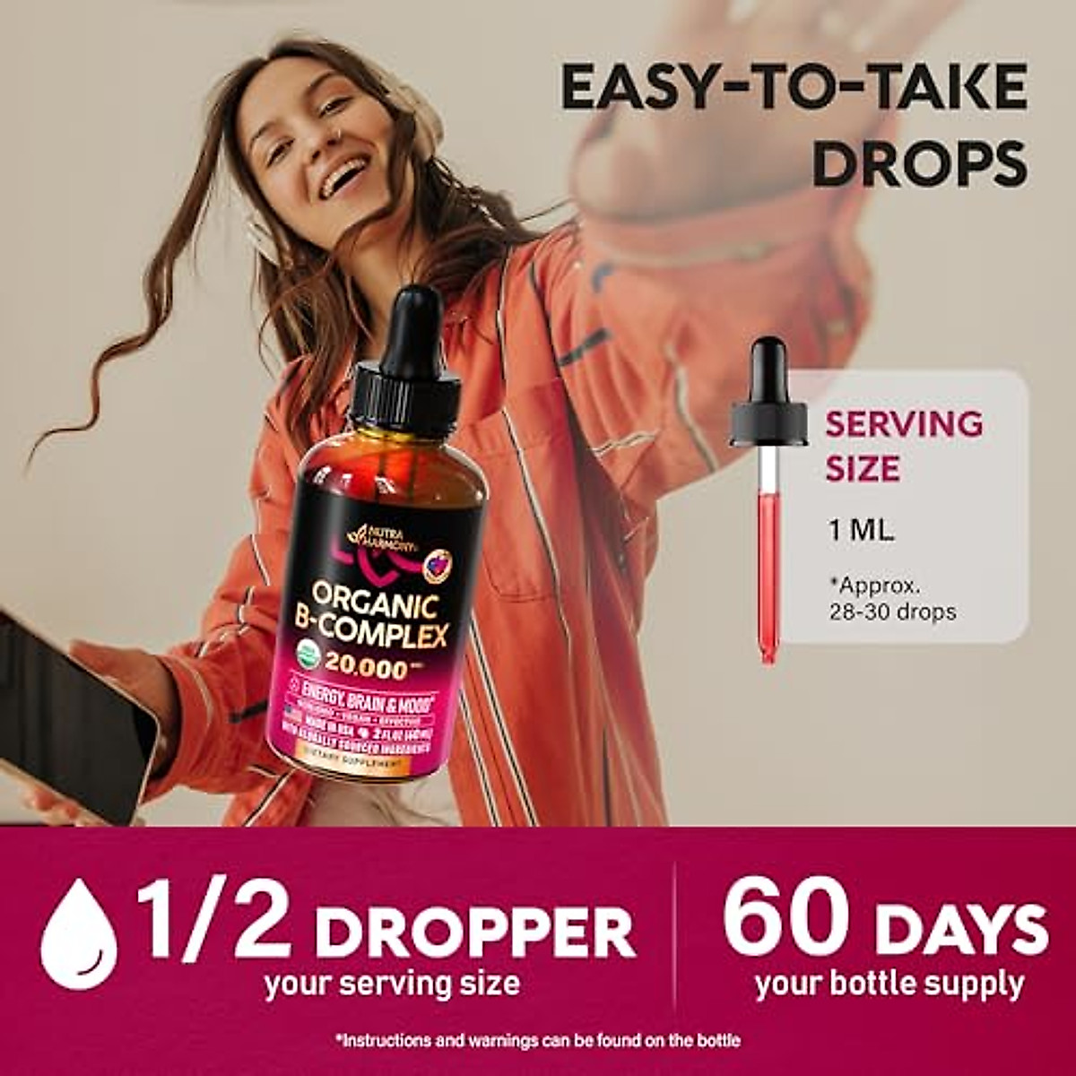 USDA Organic Vitamin B-Complex B5 Pantothenic Acid | B12 Methylcobalamin | B1 Thiamine | B6 Pyridoxine | B7 Biotin | B9 Folic | B3 Niacinamide - B Complex Liquid Drops, Made in USA Supplement, 2fl oz