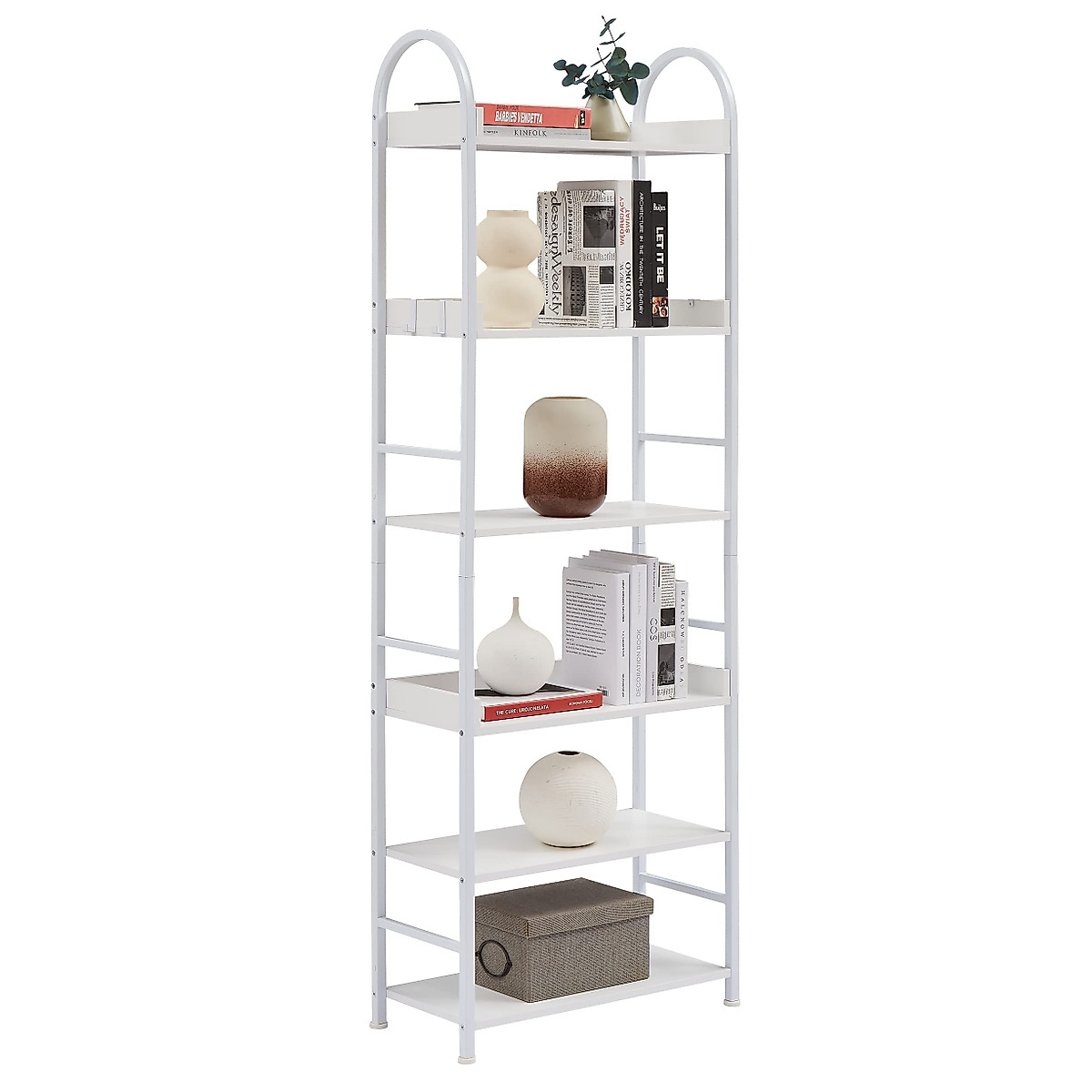 Bellemave 6-Tier Bookcase Freestanding Bookshelf with MDF Board & Round Top Frame, Narrow Rectangular Storage Shelves Adjustable Foot Pads for Living Room, Small Spaces (White) Narrow White (6-tier)