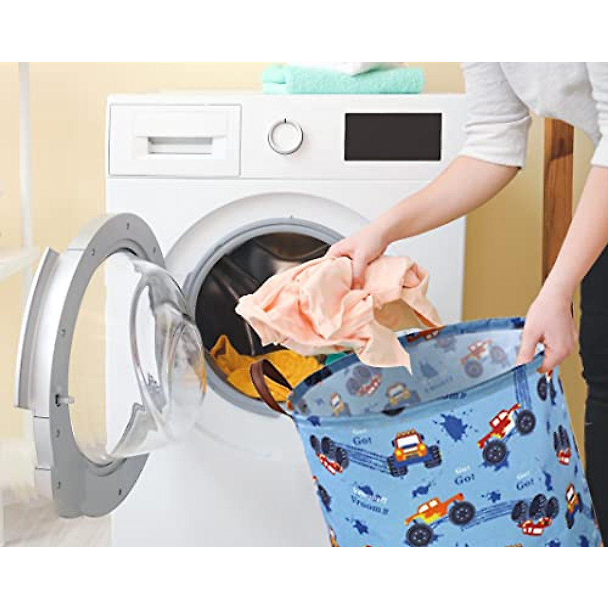 Sanjiaofen Kids Boys Hamper, Kids Laundry Basket Collapsible Monster Truck Storage Baskets for Boy Room Decor,Office,Toy Organizer,Gift Hamper(Monster trucks)