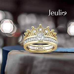Jeulia 2 Carat Crown 925 Sterling Silver Ring For Women Crown Two Tone Round Cut Wedding Ring Sets Gold Plated Wedding Band Cubic Zirconia Engagement Ring Anniversary Promise with Jewelry Box (8)