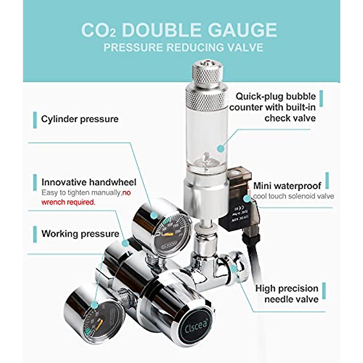 Clscea Aquarium CO2 Regulator Dual Gauge with Bubble Counter and Solenoid Valve, Single Stage