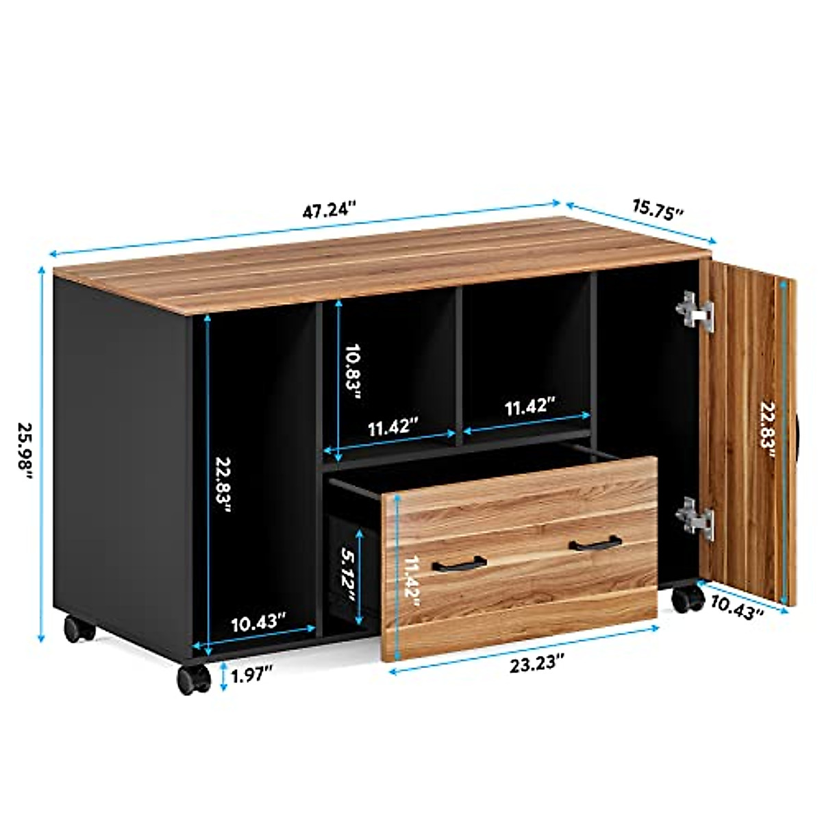 LITTLE TREE Rolling File Cabinet with Drawer and Door,Mobile Filing Cabinet with Storage Shelves and CPU Holder for Home Office,Living Room