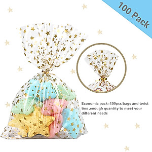 COQOFA 100 Pcs Star Printed 5"X 7" Gift Wrap Cello Cellophane Treat Bags Party Favor bags Clear Candy Cookie Bags Plastic Poly Goodie Storage Bags with Twist Ties for Bakery,Birthday, Wedding ,Party Decorations (Gold)