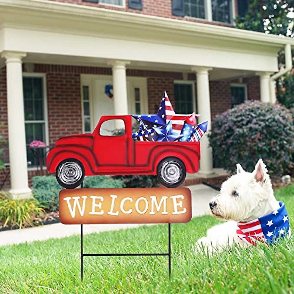 Whaline 4th of July Metal Yard Stakes Patriotic Yard Sign Spring Welcome Garden Stake Interchangeable Red Truck Garden Decor Set with Seasonal Sign Loads for Spring Fall Halloween Christmas, Set of 9