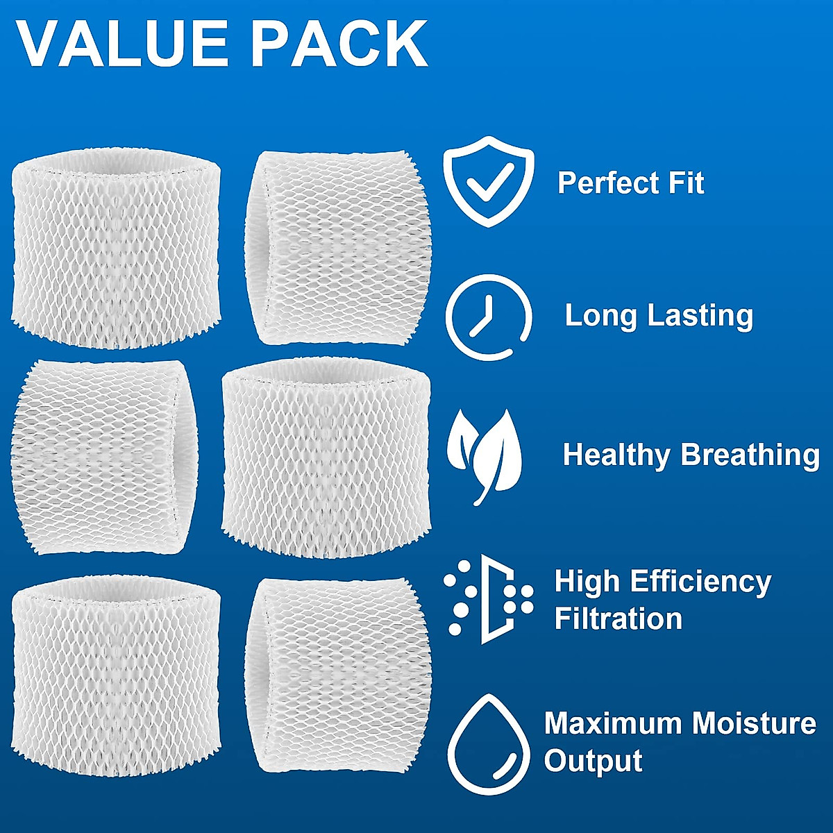 WF2 Humidifier Filter Replacement for Vicks V3500 V3100 V3900 V3700 VEV320,Kaz 3020 & Re-Lion WA-8D Cool Mist Humidifiers,Pack of 6 by TOMOON