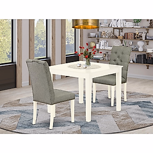 HomeStock Vintage Variety 3-Pc Dining Kitchen Table Set Included A Rectangular Kitchen Table & 2 Parsons Chairs, Smoke Linen Fabric Kitchen Parson Chair Seat with Rubber Wood Legs, Linen White Finish