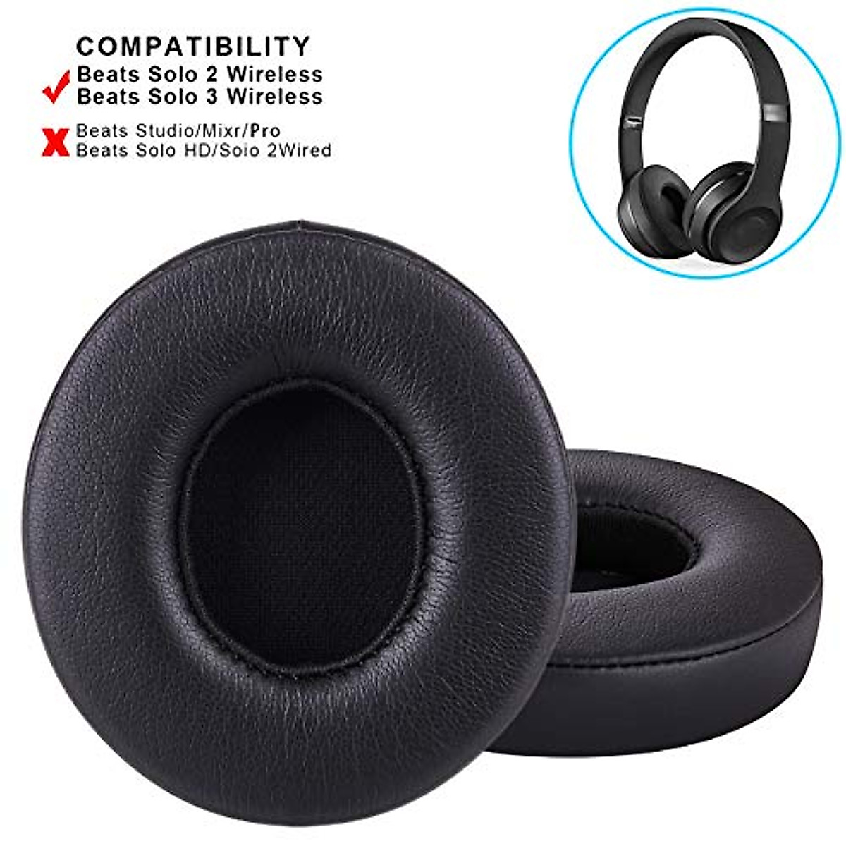 Professional Replacement Ear Pads,Earpads Compatible with Beats Solo 2 & Solo 3 Wireless On-Ear Headphones,Soft Protein Leather,Noise Isolation Memory Foam,Strong Adhesive Tape,2 Pieces