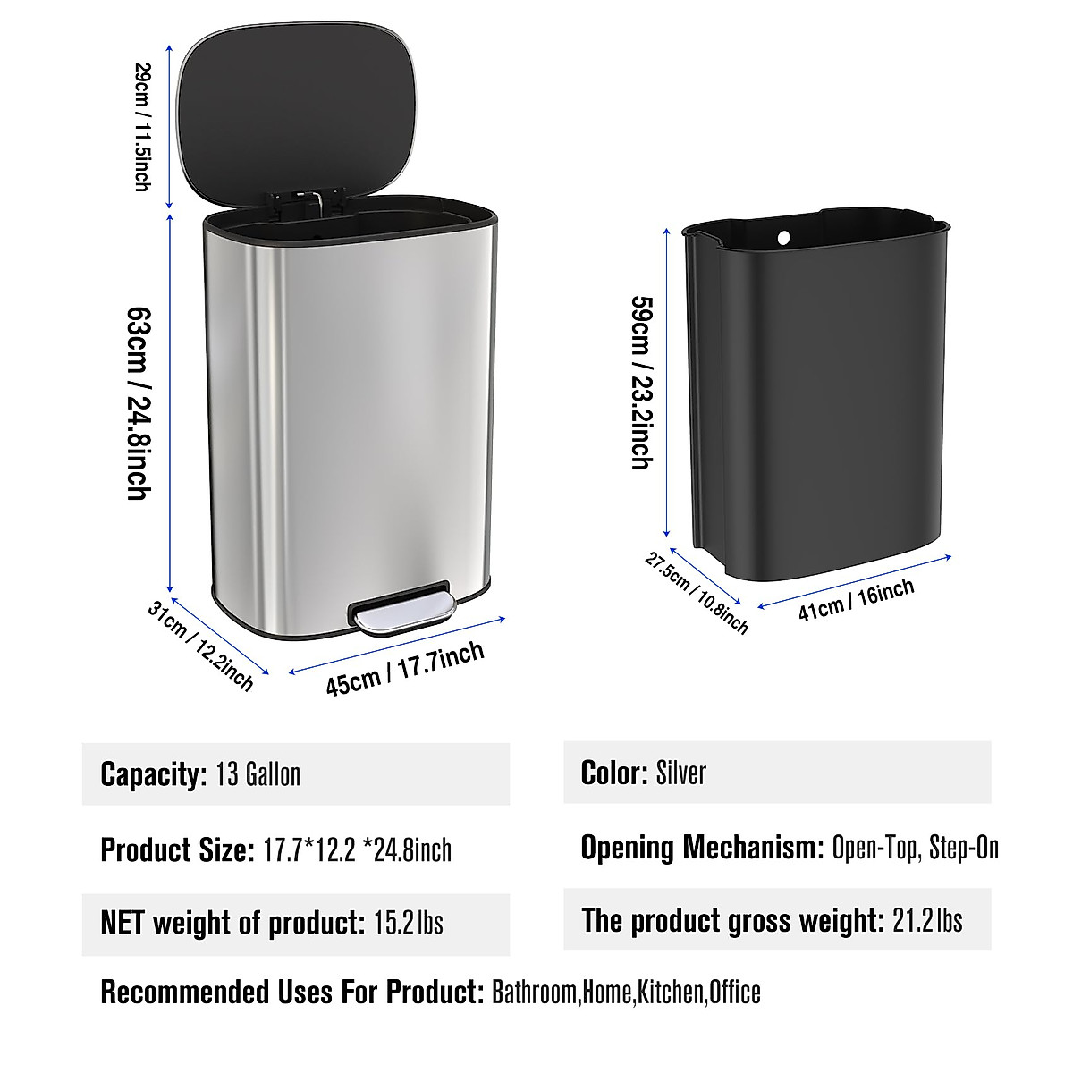 Fulocseny Oval Pedal Trash Can, 13 Gallon/50L, Soft-Close Silent Lid and 30 Garbage Bags, Stainless Steel Thickened Body Garbage Can for Kitchen, Commercial, Office, Living Room - Silver