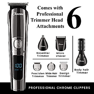 Chrome Hair Clippers & Beard Trimmer for Men, Waterproof Body All in 1 Multi-Grooming Kit, Cordless Hair Trimmer, Mustache, Nose & Ear Shaver, USB Rechargeable & LED Display