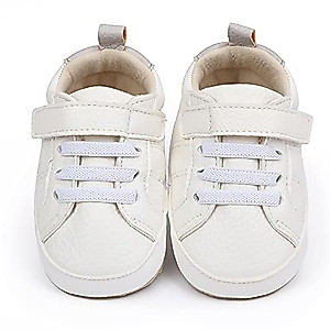 GAISUMMI Baby Boys Girls Sneakers Unisex Infant PU Leather Crib Shoes Toddler Non-Slip Rubber Sole Walking Shoe (A04/White,12-18 Months)