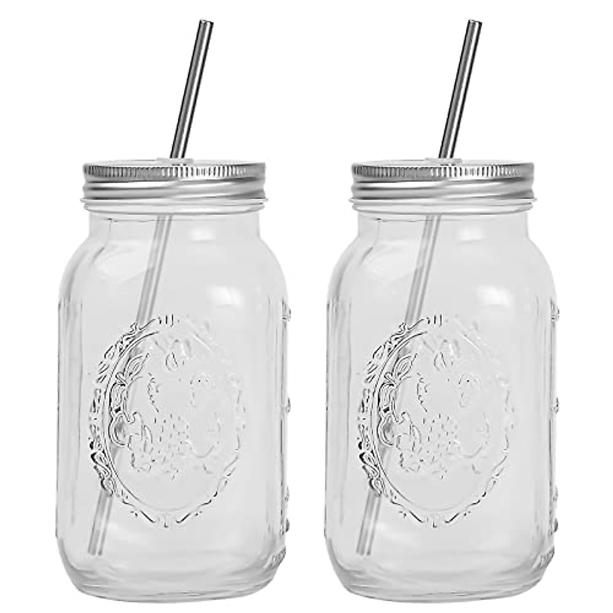 Smoothie Cups, Glass Mason Drinking Jar, 24oz Smoothie Cups with Lid and Stainless Steel Straw, Regular Mouth Mason Jars, Drinking Mugs, Tea Cup Travel Mug, Ideal for Juice, Milk (Pack Of 2, Clear)