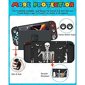 Gurgitat 9in1 Skull Skeleton Switch Case for Nintendo Switch Carrying Cases & Storage Accessories Bundle Kit Thumb Grips+Game Holder+Dockable Skin+Shoulder Strap+Sticker for Switch Travel Pouch Bag