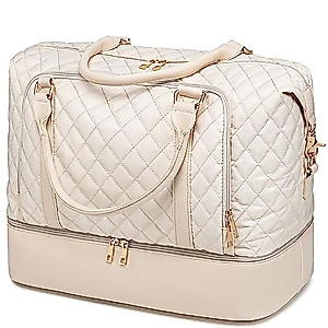 CAMTOP Women Ladies Travel Weekender Bag Overnight Duffel Carry-on Tote Bag with Luggage Sleeve fit 15.6 Inch Laptop Computer (Beige,Quilted)