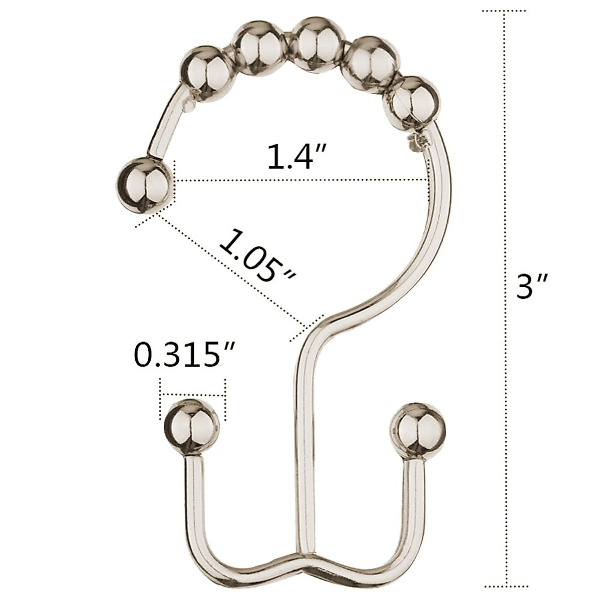 DAWNER Shower Curtain Hooks, Rust Proof Metal Easy Glide Double Rings, Stainless Steel Hangers for Bathroom Curtains, Set of 12, Brushed Nickel