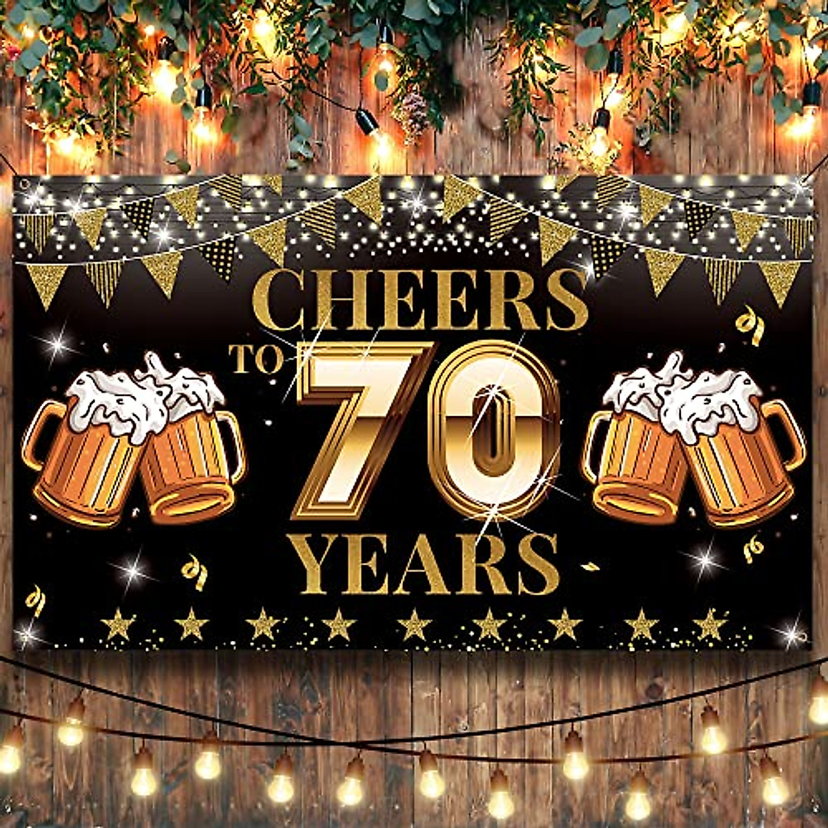 70th Birthday Decorations Banner for Men Women, Cheers To 70 Years Birthday Party Sign, 70 Years Old Birthday Backdrop, Black Gold 70th Anniversary Photo Props for Outdoor Indoor, Large, Vicycaty