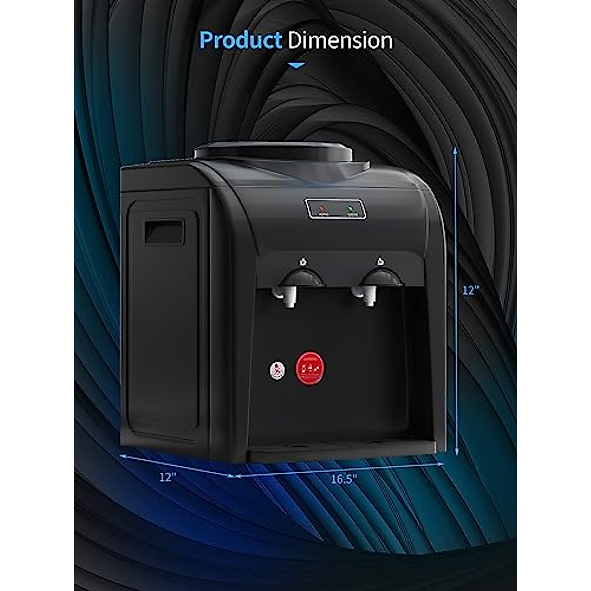 TABU Countertop Water Cooler Dispenser, Top Loading Water Cooler, Hot & Cold Water Dispenser, Holds 3 or 5 Gallon Bottle, with Anti-Scalding Design and Child Safety Lock for Home, Office Use (Black)