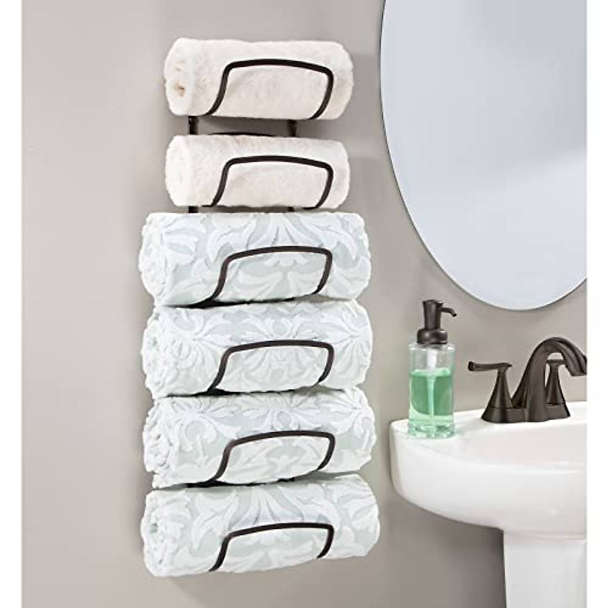 mDesign Steel Towel Holder for Bathroom Wall - Wall Mounted Organizer for Rolled Towels and Bath Robes - Six Level Wall Mount Towel Storage Rack - Bathroom Towel Organizer - Hyde Collection - Bronze
