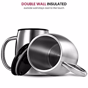 Insulated Stainless Steel Coffee Mug with Lid and Handle (2 Pk) 14 oz.- BPA-Free Spillproof Lid, Double Wall Camping Travel Coffee Mugs Tough & Shatterproof, Keeps Coffee/Tea Hot And Beer Cold Longer