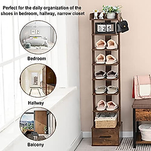 usikey 8 Tiers Vertical Shoe Rack, Wooden Narrow Shoe Tower with Bottom Drawer, Tall Shoe Rack Organizer, Space Saving Shoe Storage Shelf Stand for Small Space, Entryway, Rustic Brown